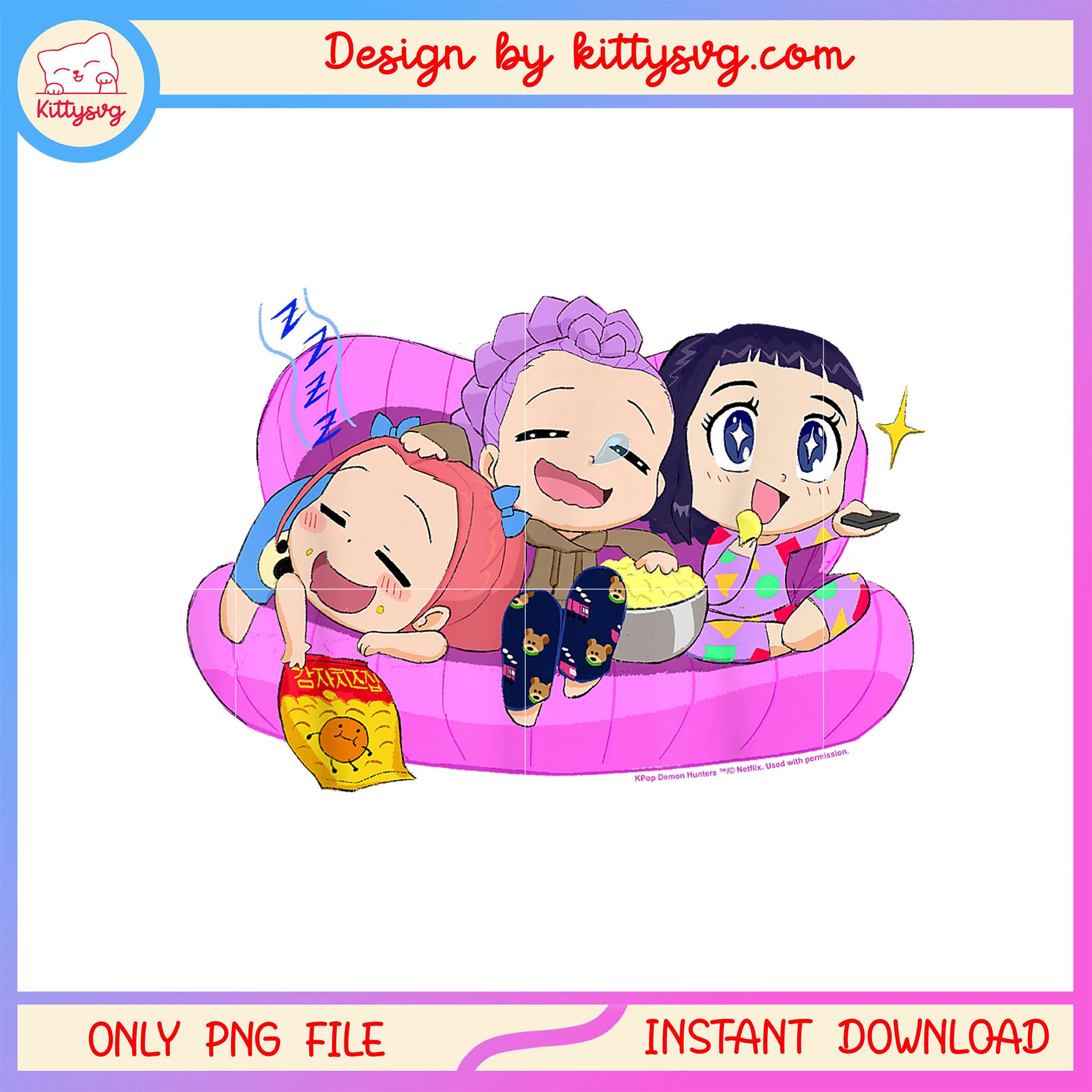 Chibi huntrix relaxing in the couch design png, kpop demon hunters cas ...